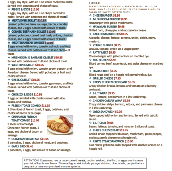 Menu | Olympic Family Restaurant Lake Geneva